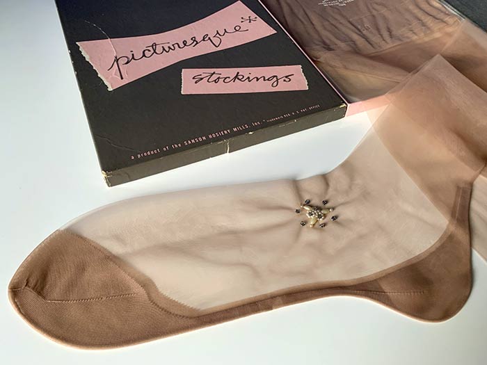 Picturesque Rhinestone Pearl Design Vintage Nylon Stockings Seamed US ...